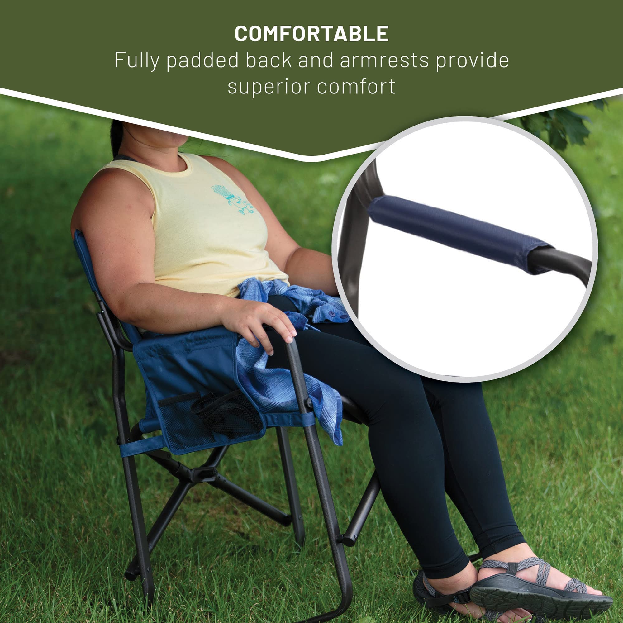 TIMBER RIDGE Outdoor Director's Mesh Side Pocket Hard Arm Folding Rocking Camping Chair, Supports 300 LBS, Blue