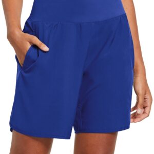 BALEAF Womens' 7 Inches Long Running Shorts Back Zipper Pocketed Athletic Gym Shorts with Liner Royal Blue Size L