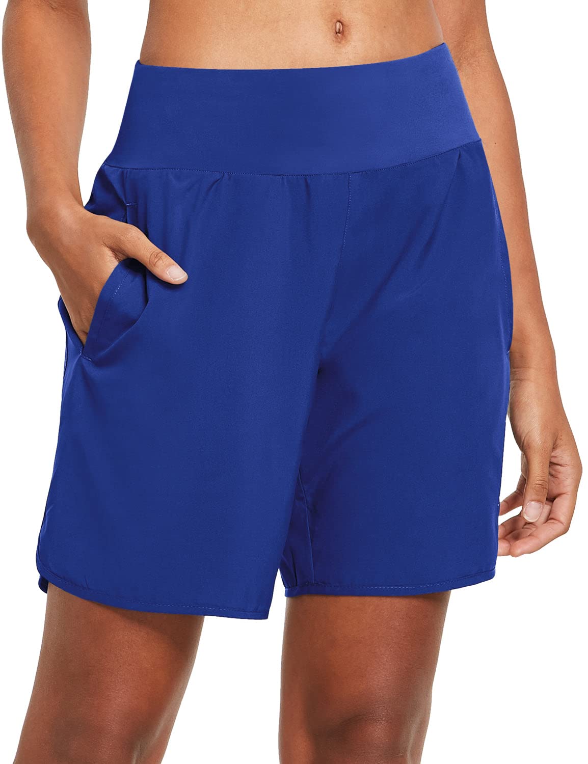 BALEAF Womens' 7 Inches Long Running Shorts Back Zipper Pocketed Athletic Gym Shorts with Liner Royal Blue Size L