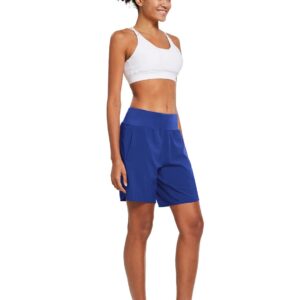 BALEAF Womens' 7 Inches Long Running Shorts Back Zipper Pocketed Athletic Gym Shorts with Liner Royal Blue Size L