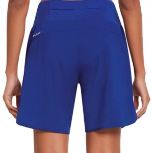 BALEAF Womens' 7 Inches Long Running Shorts Back Zipper Pocketed Athletic Gym Shorts with Liner Royal Blue Size L