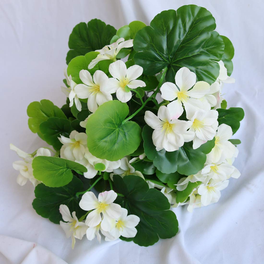 Xilyya Artificial Geranium Bush Silk Flowers with Green Leaves for Home Garden Decoration (White)