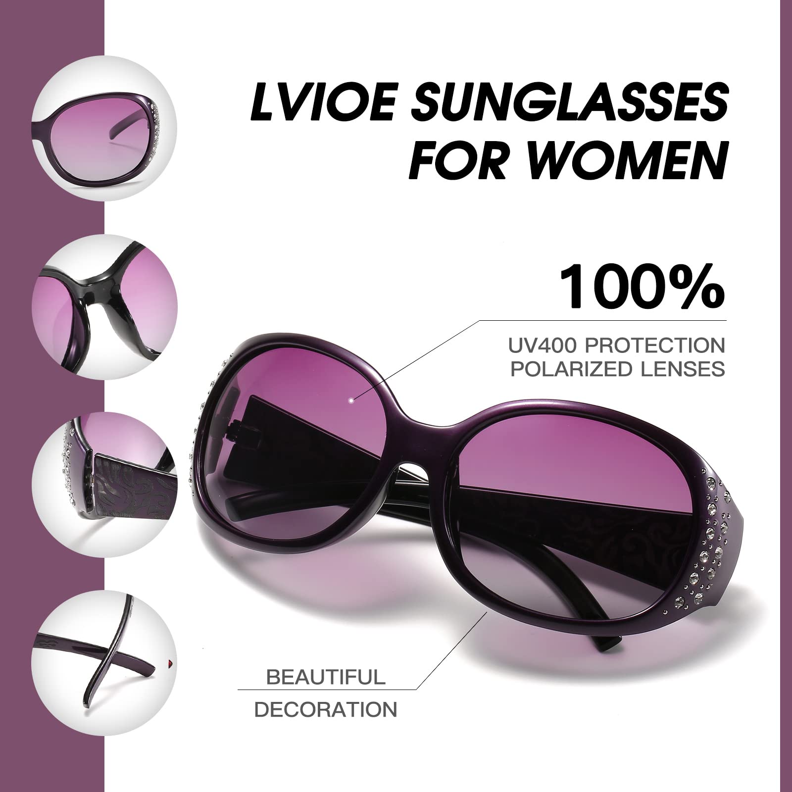 LVIOE Polarized Sunglasses for Women, Rhinestone Wrap Around Sunglasses with UV Protection Lens LS008