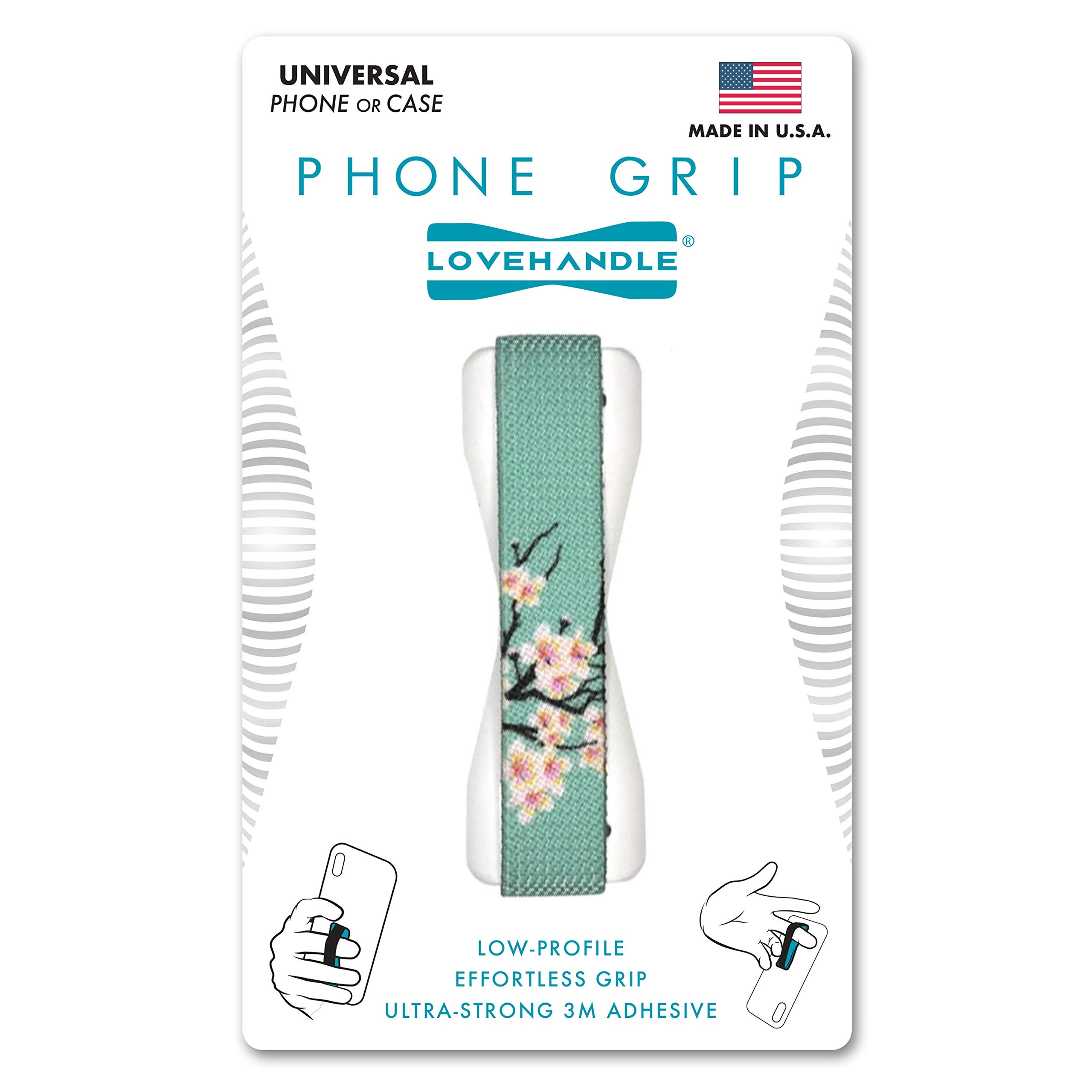 LOVEHANDLE Universal Phone Grip for Most Smartphones, Mini Tablets and Cases, Cherry Blossom Design Elastic Strap with White Base, lh-01-cherryblossom