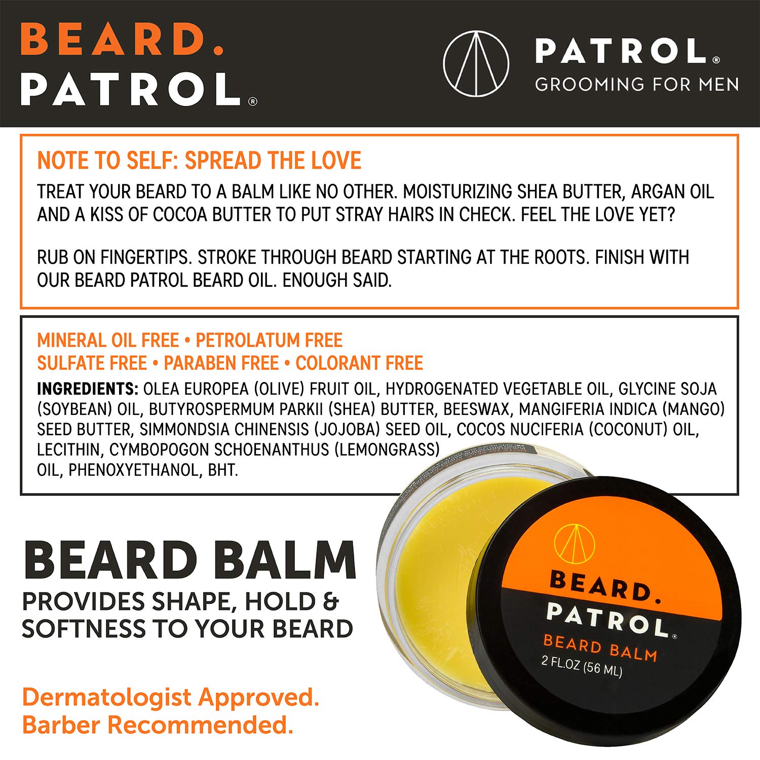 Beard Patrol Men's Beards & Mustaches Balm - Grooming Treatment with Argan Oil, Shea Butter, & Cocoa Butter Strengthens & Softens - Lemongrass Scent Leave-in Conditioner Wax - Pack of 1