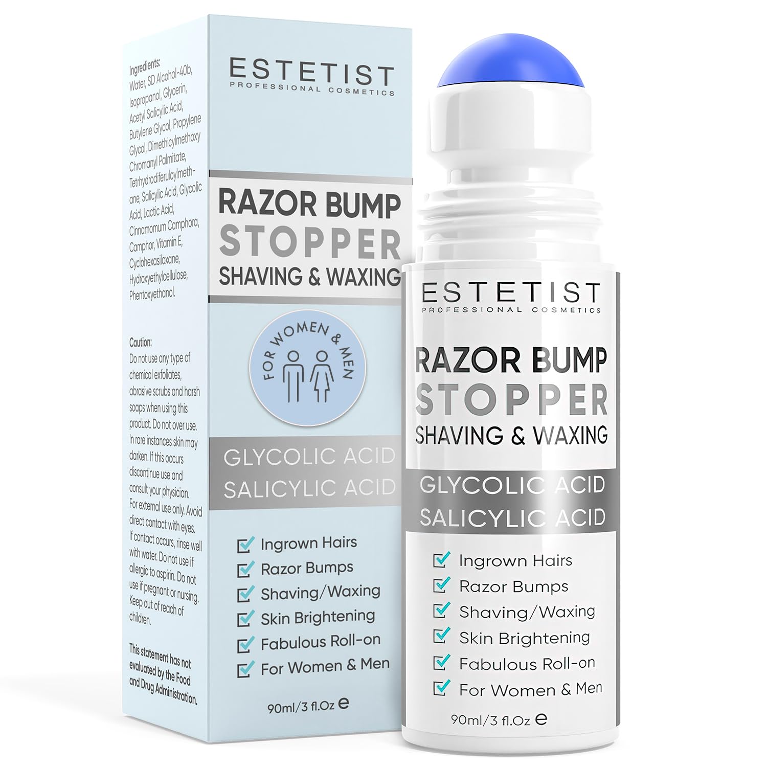 Razor Bump Stopper Solution for Ingrown Hair Skin Care Treatment for Face, Neck, Bikini Area, Legs and Underarm Area After Shave Serum Roll-On for Men and Women With Salicylic Acid, Glycolic Acid