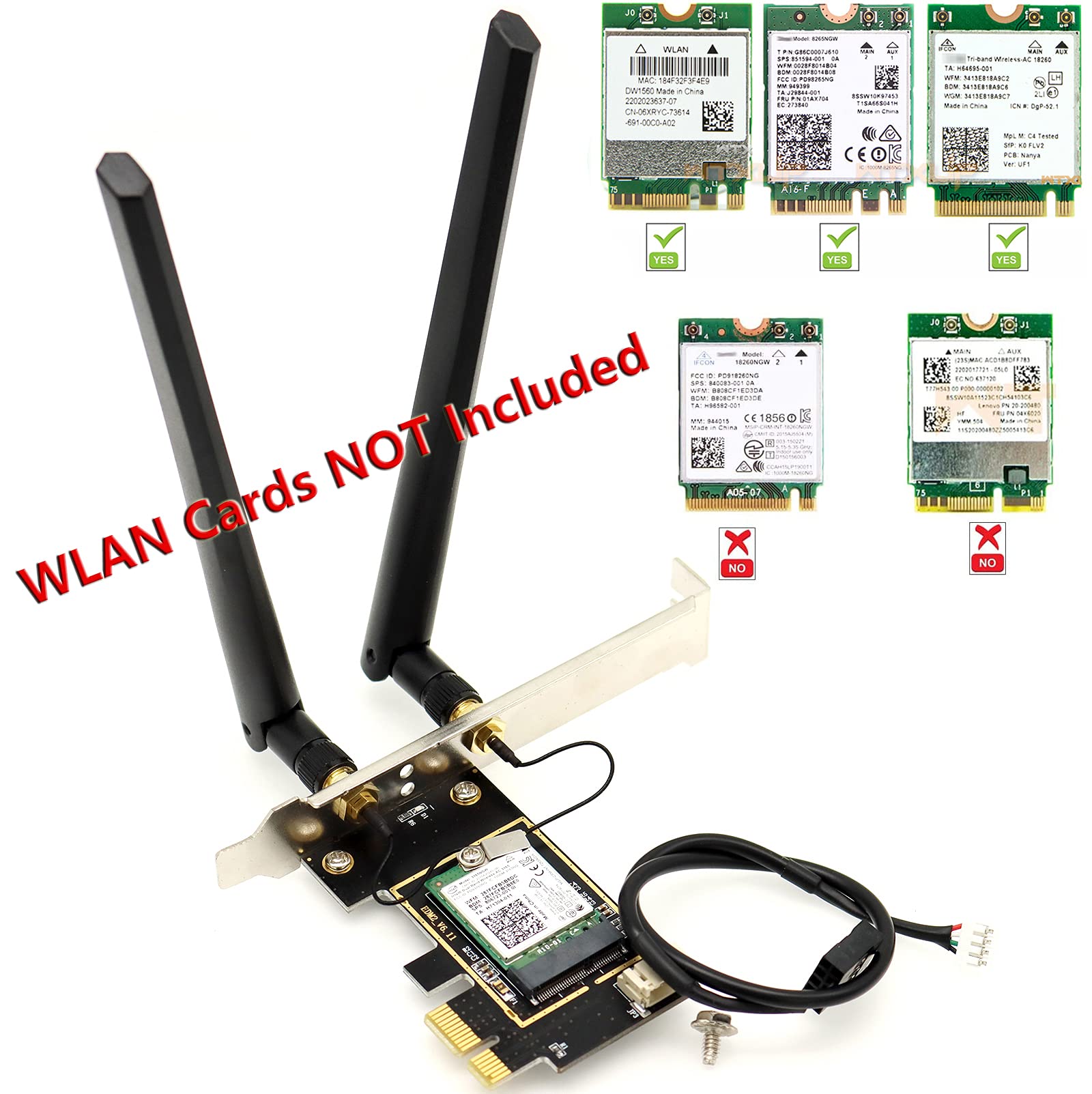 Deal4GO M.2 NGFF Wireless Card to PCIe Adapter Desktop WLAN Converter w/ 2X 6dBi Antenna for Intel AX210 AX200 9260 8265 8260 7265 7260 Killer 1535 (NO WiFi Card)