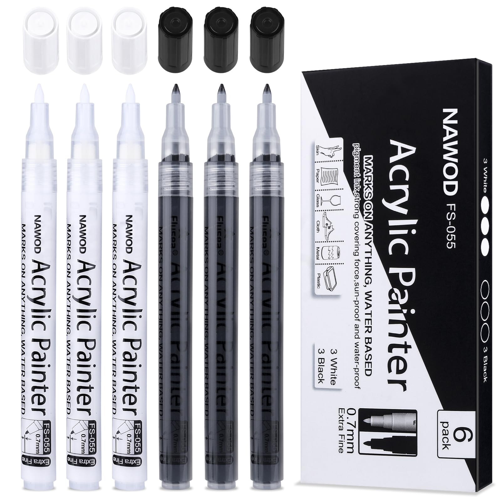 NAWOD Paint Pens White Black Acrylic Marker 6 Pack, Acrylic Permanent Marker, White Paint Pens for Rock Ceramic Wooden Leather Glass Painting Metal Tire, 0.7mm Extra Fine Point Quick Drying