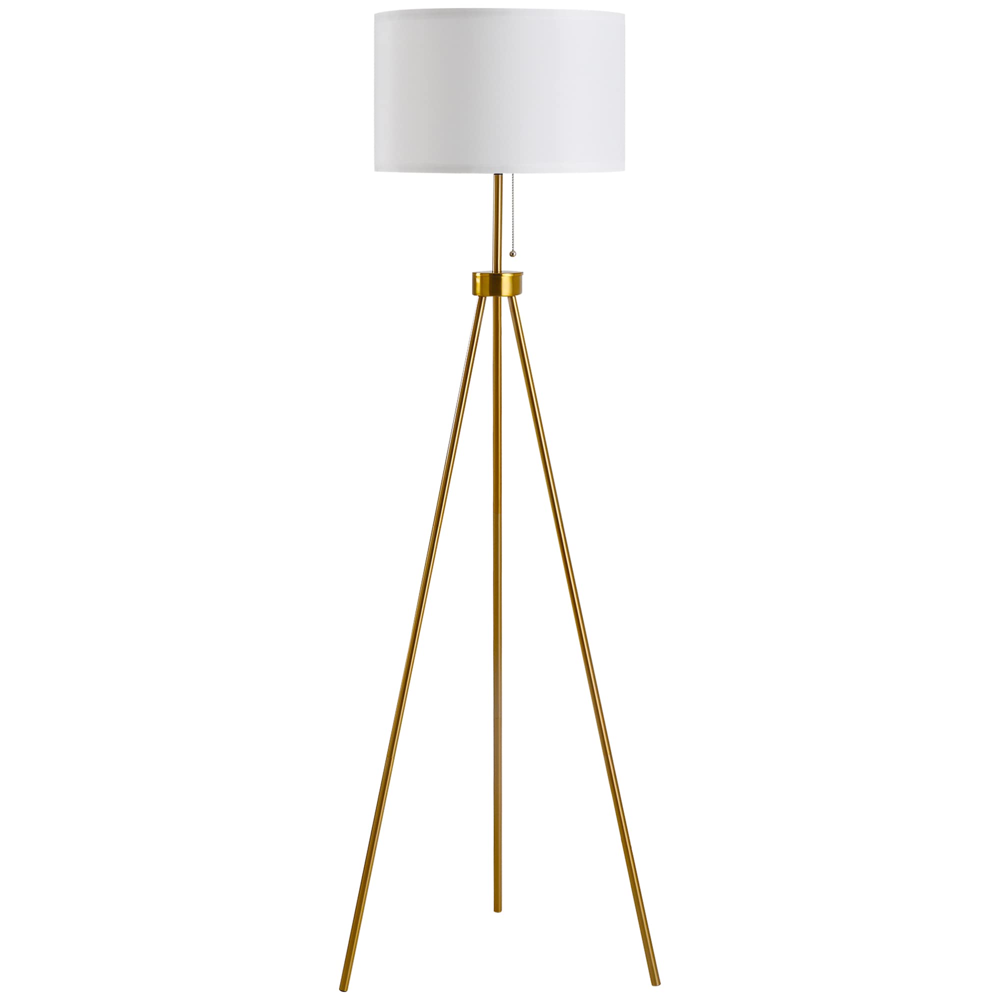 HOMCOM 59.75" Tripod Floor Lamp with Pull Chain Standing, Fabric Lampshade E26 Lamp Holder Steel for Living Room, Bedroom, Office, Gold