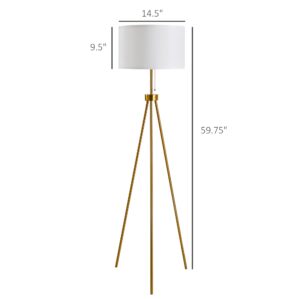 HOMCOM 59.75" Tripod Floor Lamp with Pull Chain Standing, Fabric Lampshade E26 Lamp Holder Steel for Living Room, Bedroom, Office, Gold