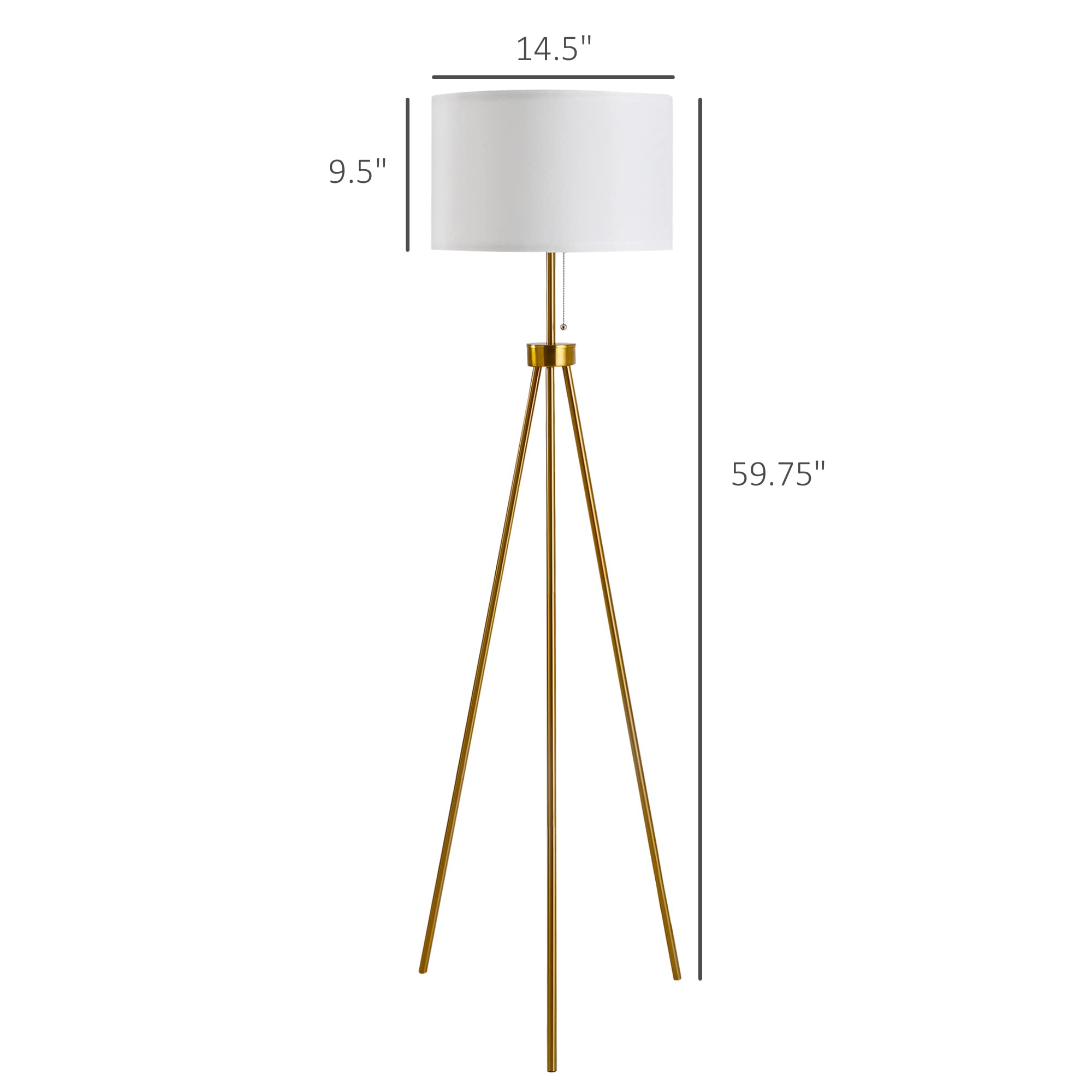 HOMCOM 59.75" Tripod Floor Lamp with Pull Chain Standing, Fabric Lampshade E26 Lamp Holder Steel for Living Room, Bedroom, Office, Gold