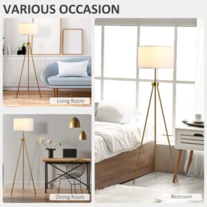 HOMCOM 59.75" Tripod Floor Lamp with Pull Chain Standing, Fabric Lampshade E26 Lamp Holder Steel for Living Room, Bedroom, Office, Gold