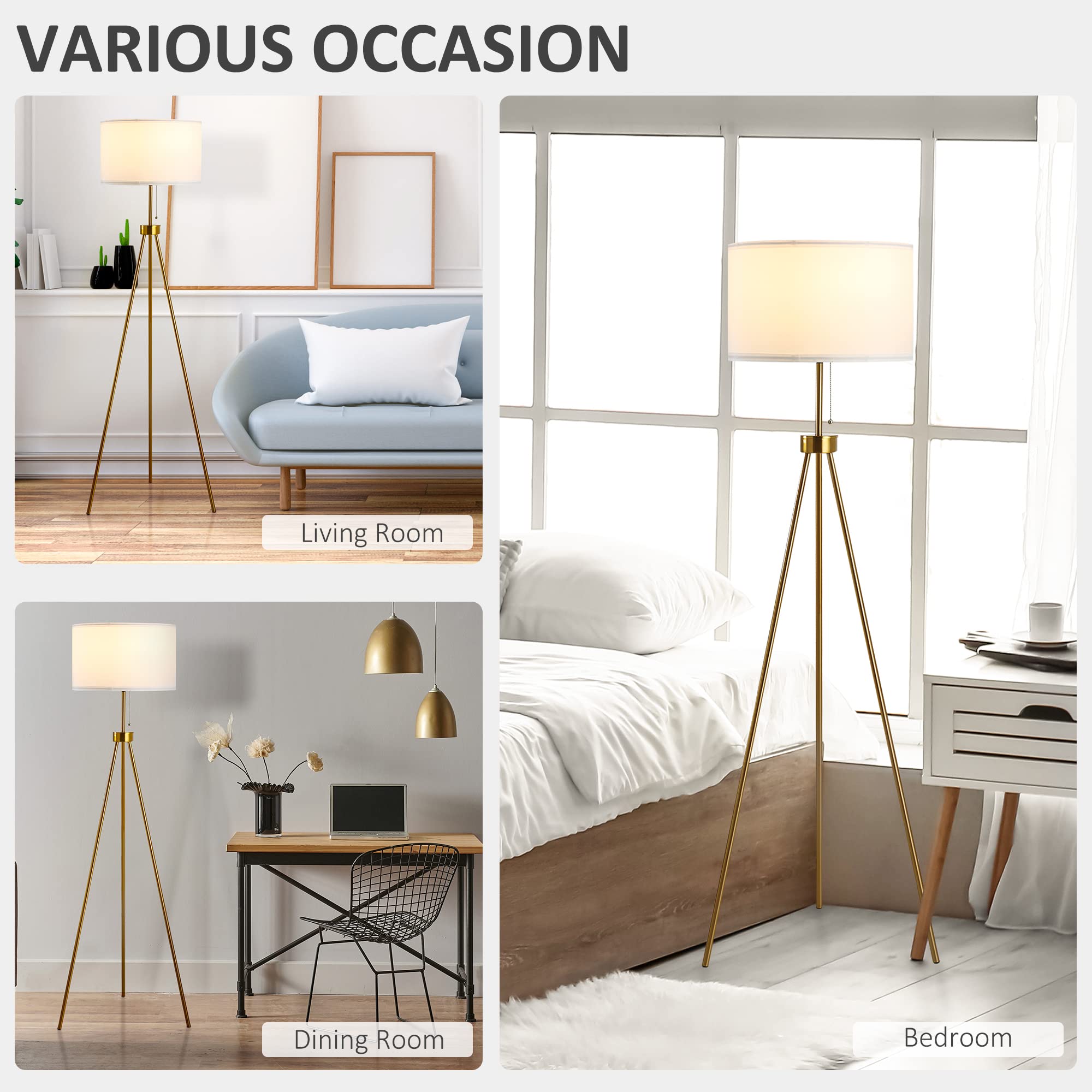 HOMCOM 59.75" Tripod Floor Lamp with Pull Chain Standing, Fabric Lampshade E26 Lamp Holder Steel for Living Room, Bedroom, Office, Gold