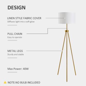 HOMCOM 59.75" Tripod Floor Lamp with Pull Chain Standing, Fabric Lampshade E26 Lamp Holder Steel for Living Room, Bedroom, Office, Gold