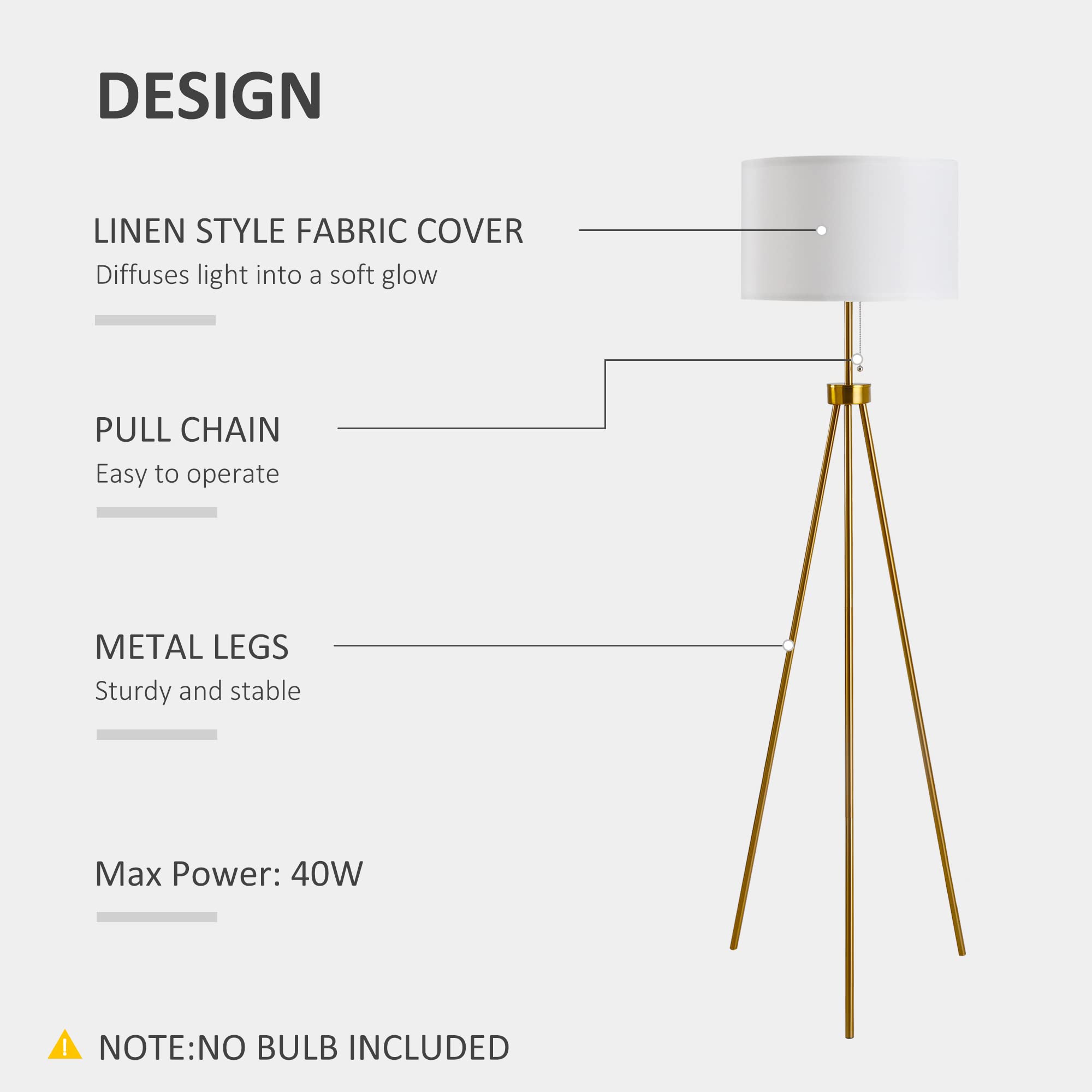 HOMCOM 59.75" Tripod Floor Lamp with Pull Chain Standing, Fabric Lampshade E26 Lamp Holder Steel for Living Room, Bedroom, Office, Gold