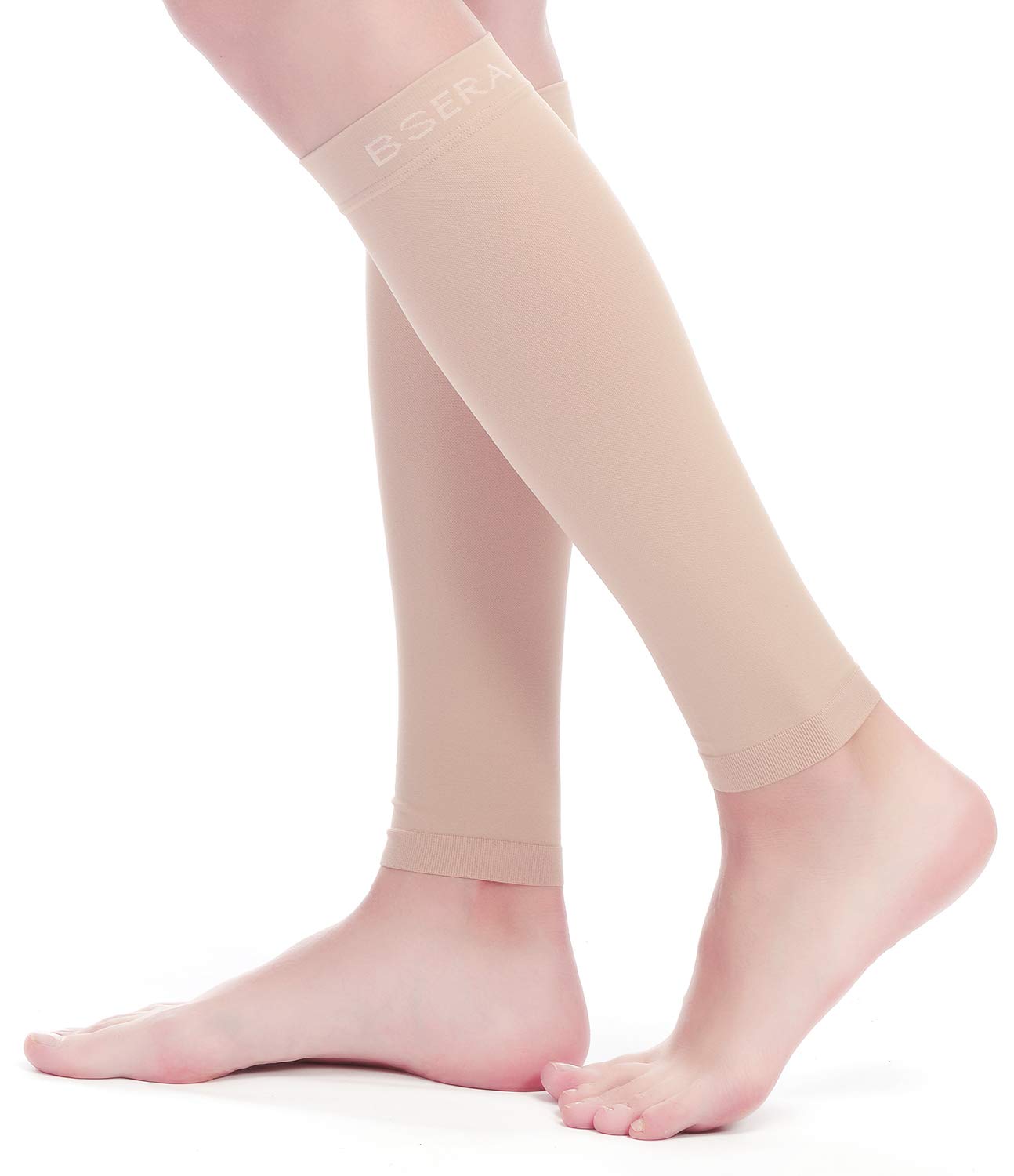 BSERA Calf Compression Sleeve Women, 2 Pairs 15-20mmHg Calf Support Footless Compression Socks Stockings for Shin Splints, Varicose Veins, Recovery (Nude/Skin, Large)