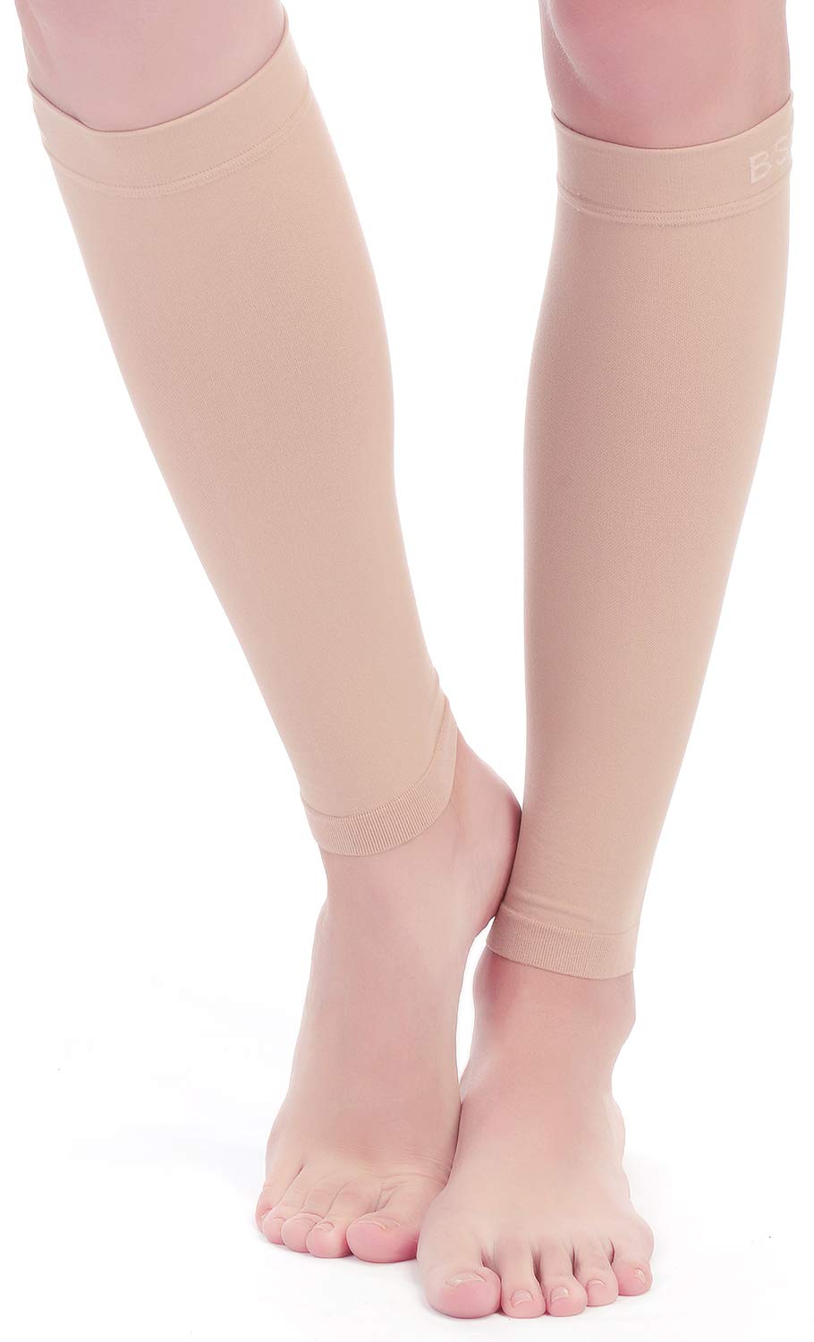 BSERA Calf Compression Sleeve Women, 2 Pairs 15-20mmHg Calf Support Footless Compression Socks Stockings for Shin Splints, Varicose Veins, Recovery (Nude/Skin, Large)