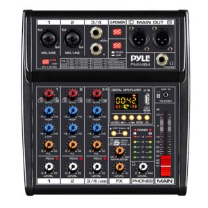 pyle professional dj audio mixer controller - 4-channel dj controller sound mixer w/dsp 16 preset effects, usb interface, 2 xlr mic/line input, aux, fx processor mp3 player, headphone jack pmx464