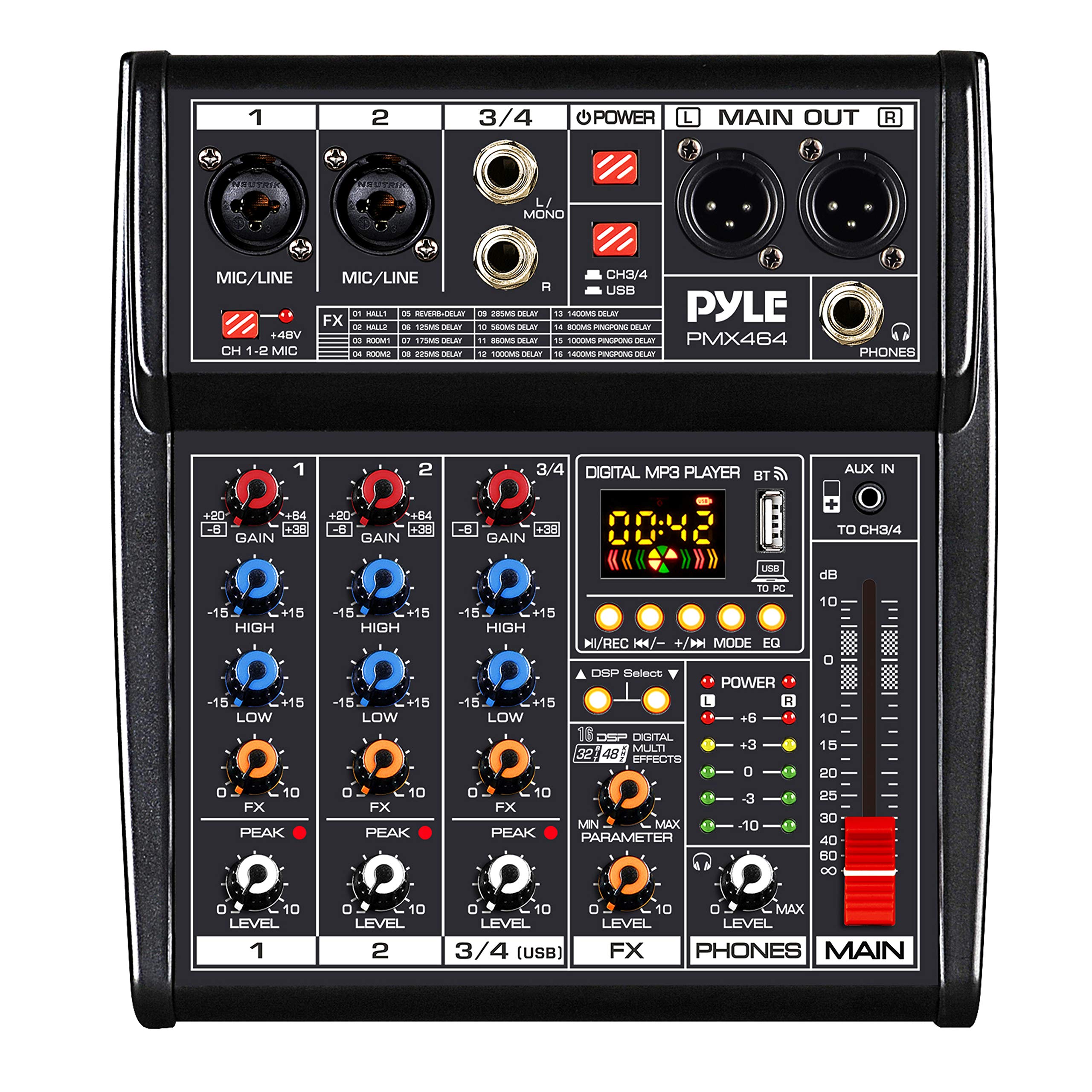 Pyle Professional DJ Audio Mixer Controller - 4-Channel DJ Controller Sound Mixer w/DSP 16 Preset Effects, USB Interface, 2 XLR Mic/Line Input, AUX, FX Processor MP3 Player, Headphone Jack PMX464