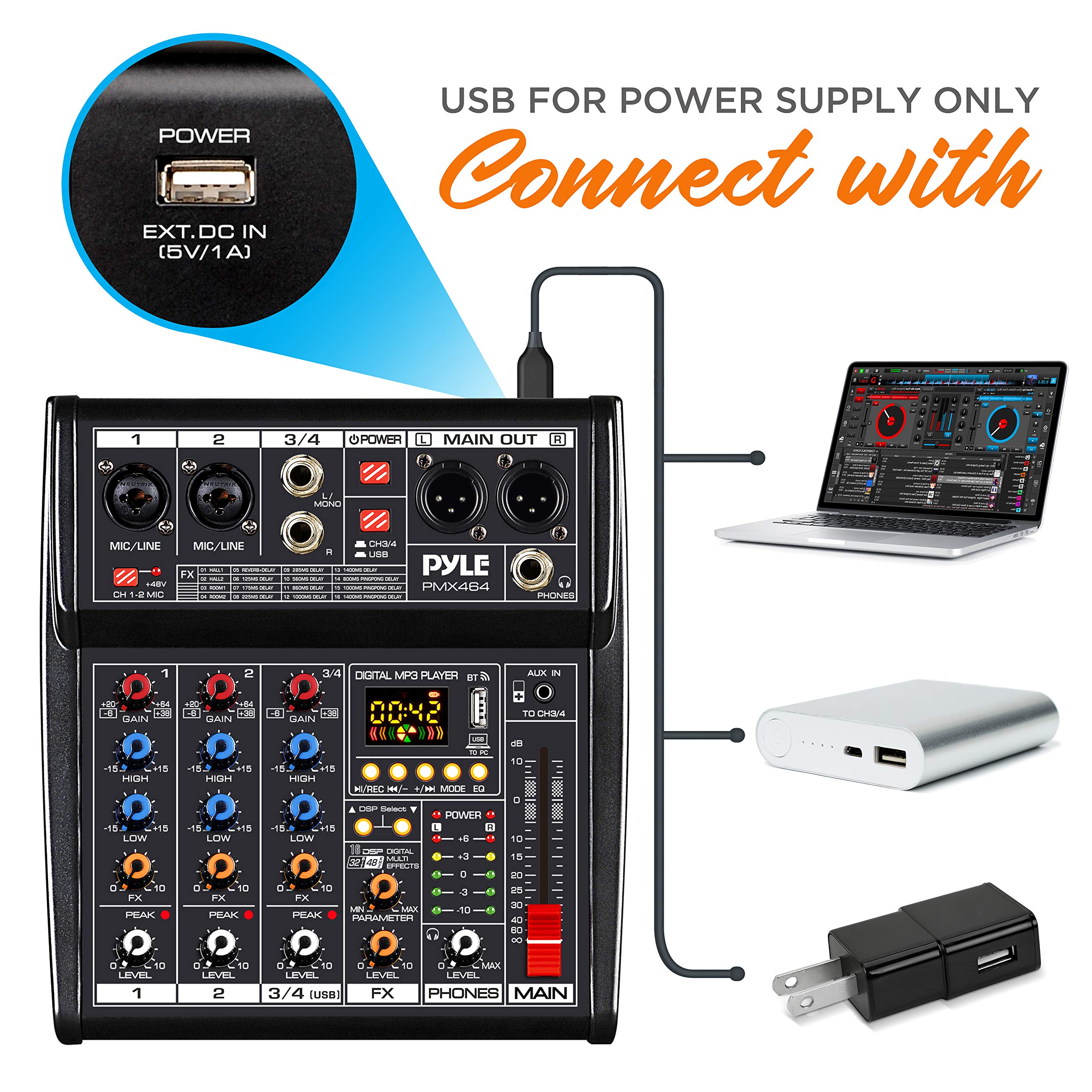 Pyle Professional DJ Audio Mixer Controller - 4-Channel DJ Controller Sound Mixer w/DSP 16 Preset Effects, USB Interface, 2 XLR Mic/Line Input, AUX, FX Processor MP3 Player, Headphone Jack PMX464