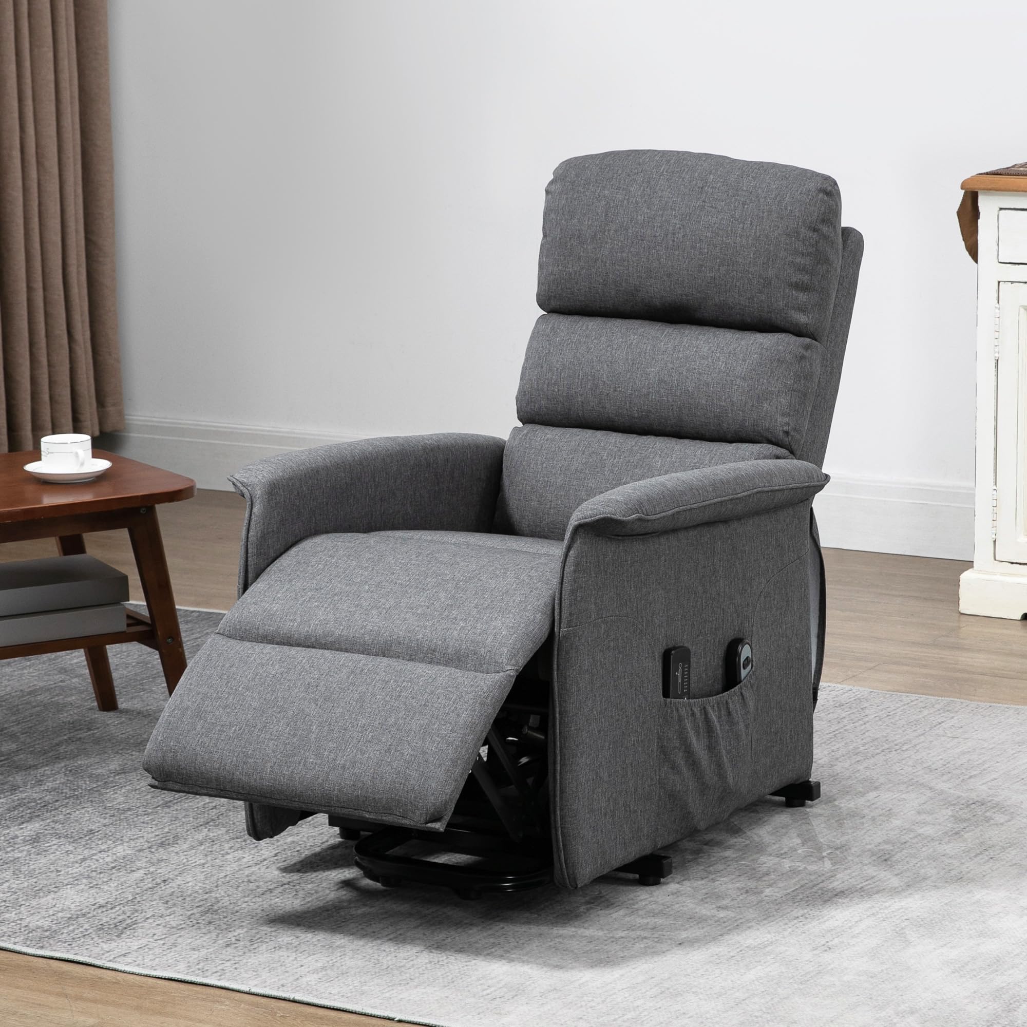 HOMCOM Power Lift Chair with Vibration Massage, Fabric Upholstered Recliner Chair for Elderly with Remote Control, Side Pockets, Grey