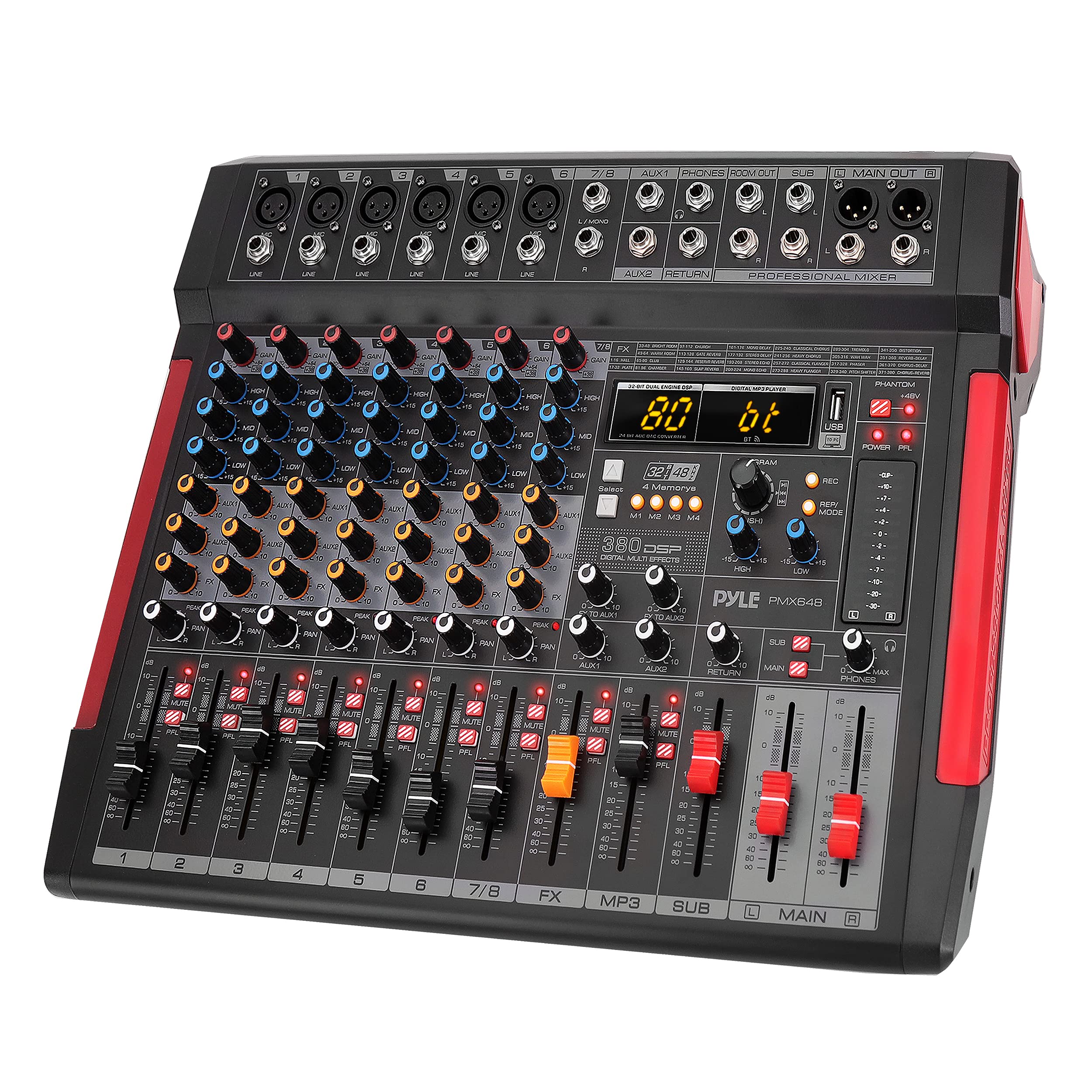 Pyle Professional DJ Audio Mixer Controller - 8-Channel DJ Controller Sound Mixer w/ DSP 380 Preset Effects, Recording, USB, 6 XLR Mic/Line Input, AUX, FX Processor MP3 Player, Headphone Jack PMX648