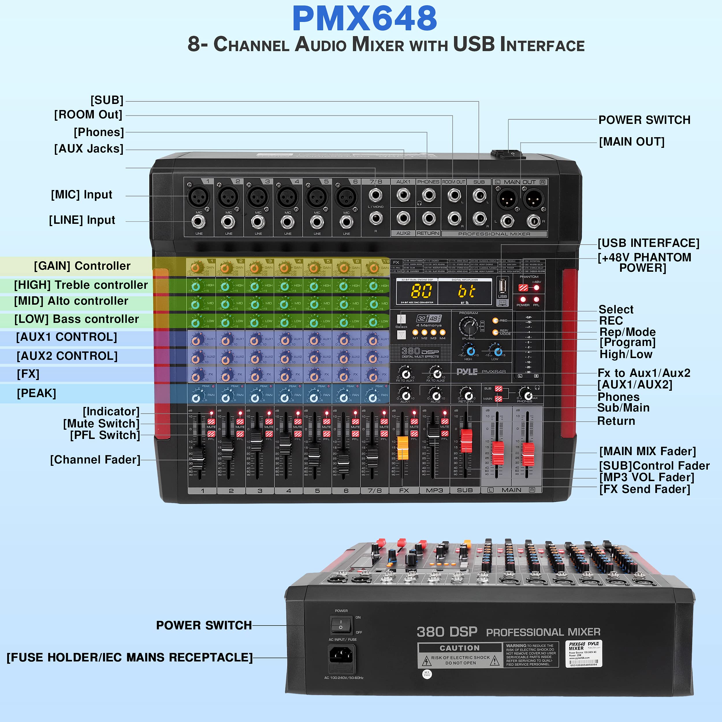 Pyle Professional DJ Audio Mixer Controller - 8-Channel DJ Controller Sound Mixer w/ DSP 380 Preset Effects, Recording, USB, 6 XLR Mic/Line Input, AUX, FX Processor MP3 Player, Headphone Jack PMX648