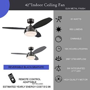 Ciata Bedroom Ceiling Fan With Light, 42 Inch Alloy Indoor Ceiling Fan in Gun Metal Finish with LED Light Fixture in Opal Frosted Glass with Reversible Black/Graphite Blades – 2 Pack