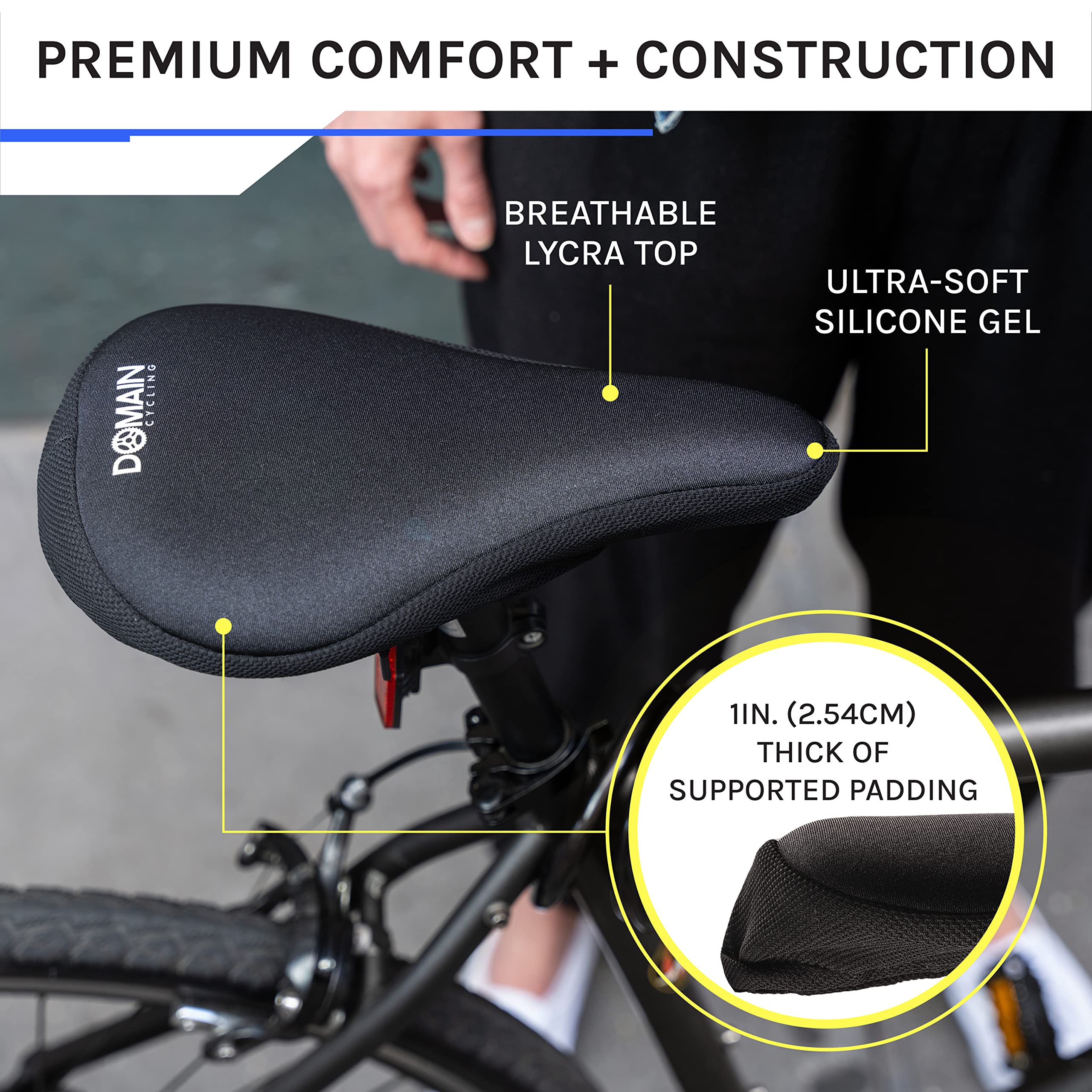 Domain Cycling Gel Bike Seat Cushion- Secure Peloton Fit for Smooth Stable Rides- Non-Slip Bicycle Seat Cushion for Exercise Bikes, Padded Bike Cushion Seat Cover for Men or Women Comfort, 10.5”x7”