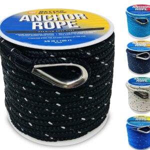 Premium Boat Anchor Rope 100 Ft Double Braided Boat Anchor Line Black Nylon Marine Rope Braided 3/8 Anchor Rope Reel for Many Anchors & Boats 3/8 Inch Black