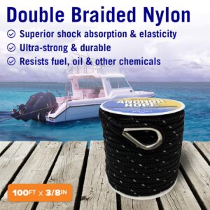 Premium Boat Anchor Rope 100 Ft Double Braided Boat Anchor Line Black Nylon Marine Rope Braided 3/8 Anchor Rope Reel for Many Anchors & Boats 3/8 Inch Black