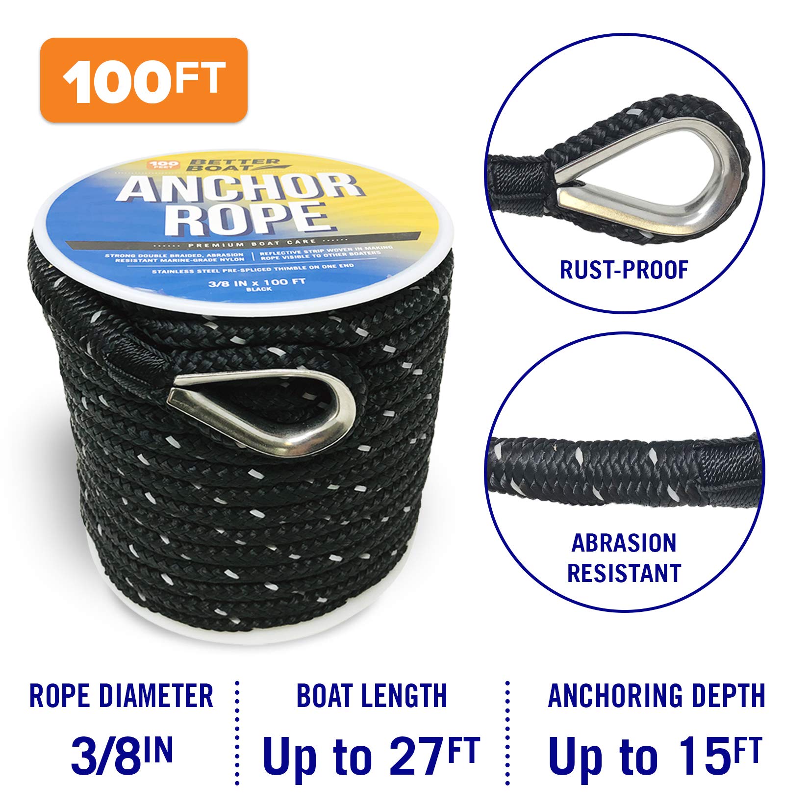 Premium Boat Anchor Rope 100 Ft Double Braided Boat Anchor Line Black Nylon Marine Rope Braided 3/8 Anchor Rope Reel for Many Anchors & Boats 3/8 Inch Black