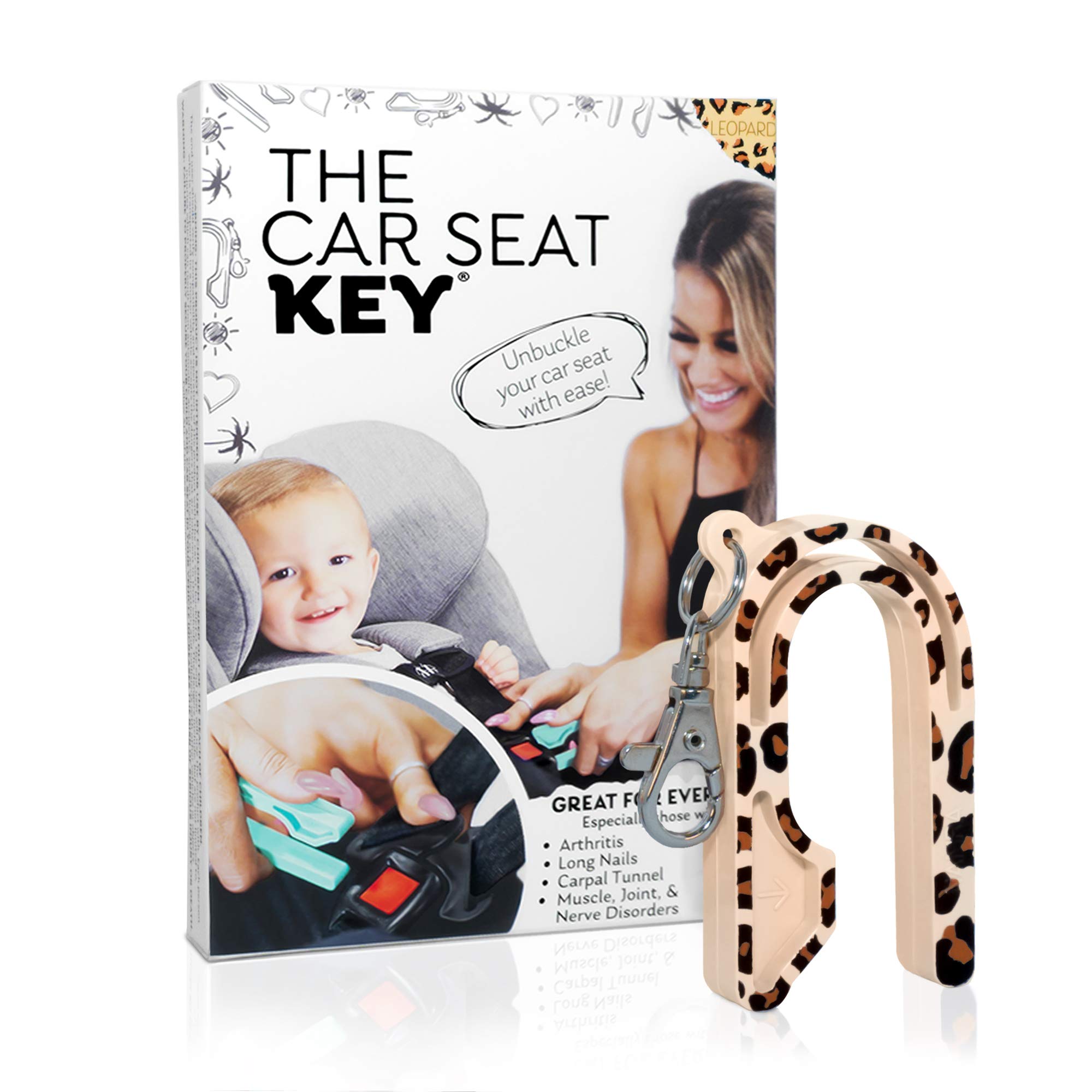 The Car Seat Key - Original Car Seat Key Chain Buckle Release Tool - Easy Unbuckle Opener Aid for Nails, Parents, Grandparents & Older Children by NAMRA Made in USA (1 Pack, Leopard)