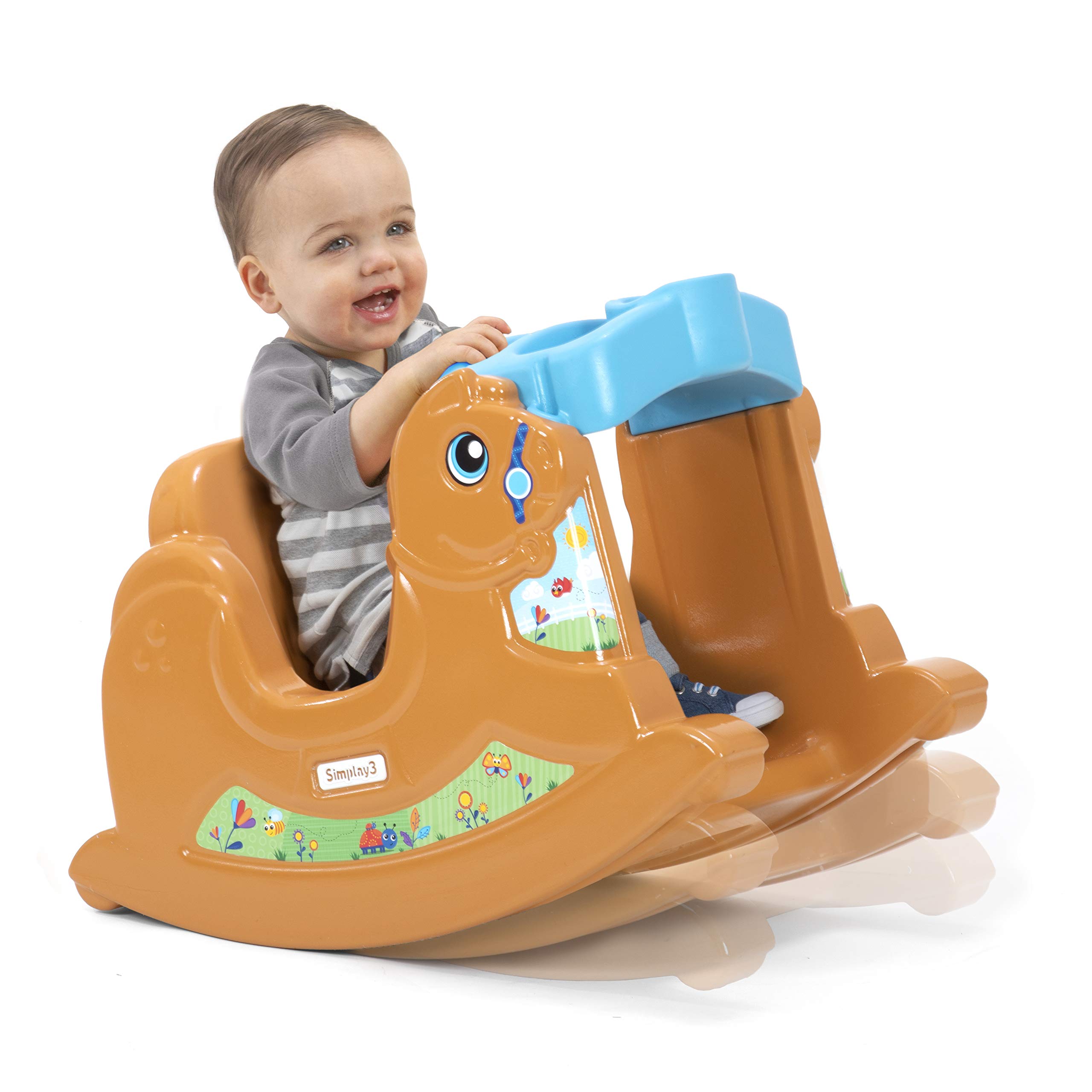 Simplay3 Rock Away Pony for Toddlers - Secure Sit-in Rocking Horse with Sturdy Tray and Cupholder, Orange - Made in USA