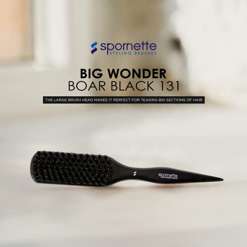 Spornette Big Wonder Teasing Brush, Boar & Tourmaline Nylon Bristles - Tapered Handle for Back Brushing & Combing, Creating Volume, Teasing, & Slicking Hair for Updos (Black)