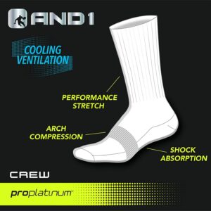 AND1 Men's Athletic Arch Compression Cushion Comfort Crew Socks (12 Pack), Size 6-12.5, Black