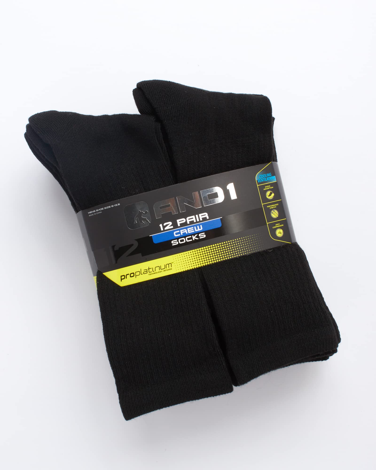 AND1 Men's Athletic Arch Compression Cushion Comfort Crew Socks (12 Pack), Size 6-12.5, Black