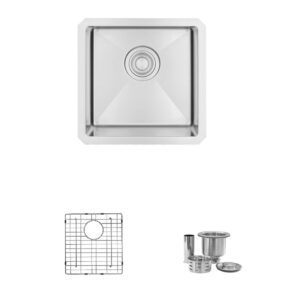 stylish 15 inch x 15 inch stainless steel single bowl undermount 18 gauge 10 millimeters radius corners kitchen bar sink with bottom grid and luxury basket strainer, s-317g