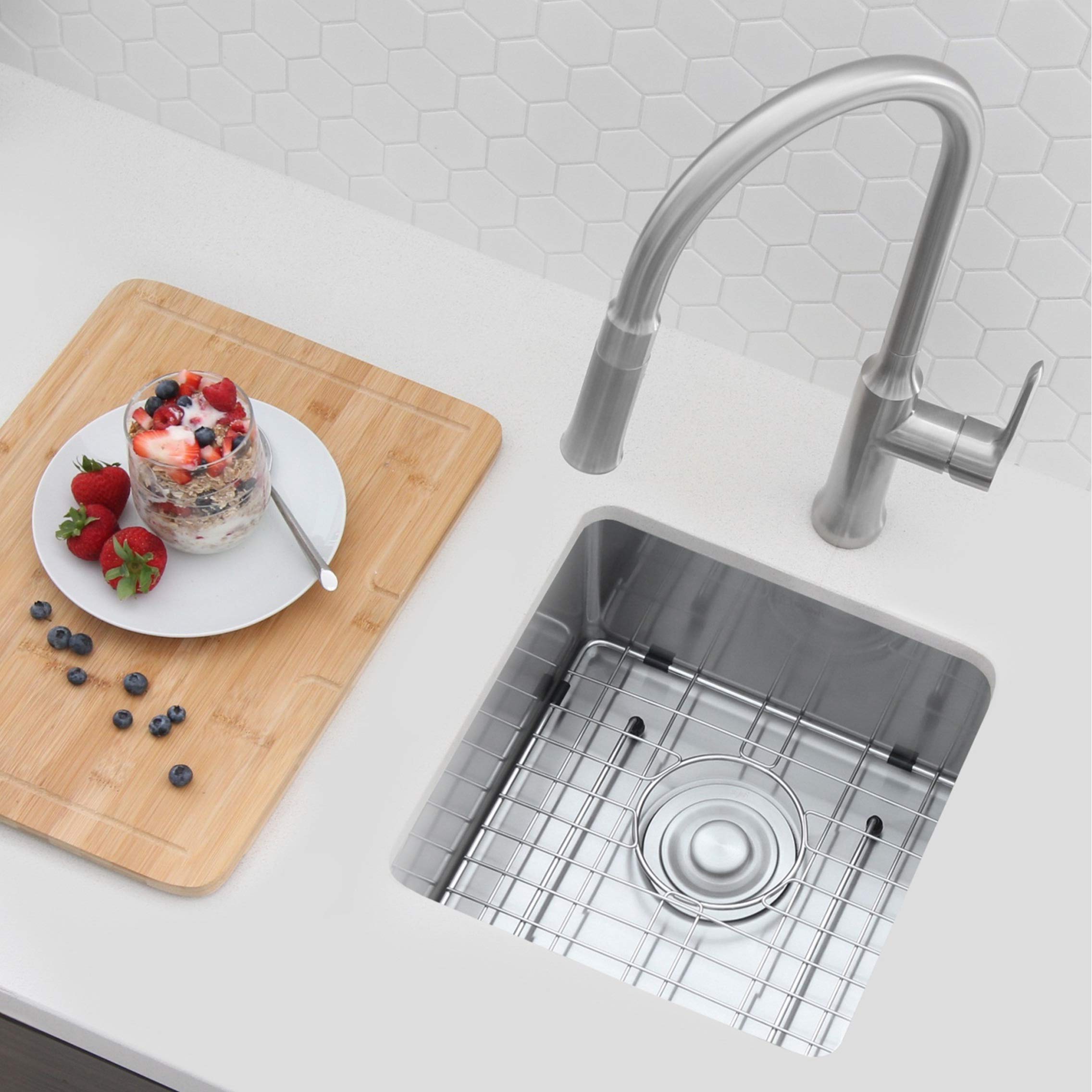 STYLISH 15 inch x 15 inch Stainless Steel Single Bowl Undermount 18 Gauge 10 Millimeters Radius Corners Kitchen Bar Sink with Bottom Grid and Luxury Basket Strainer, S-317G