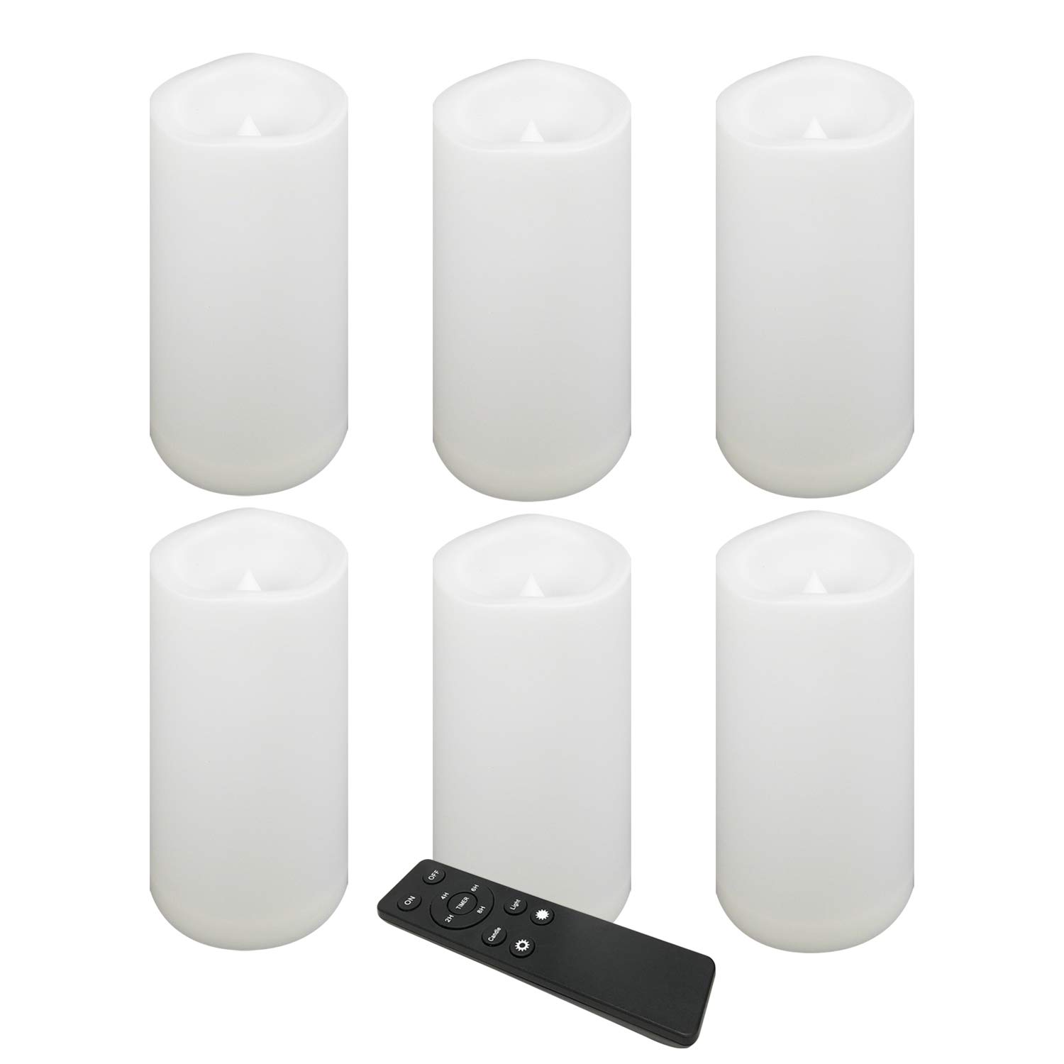 CANDLE CHOICE Waterproof Outdoor Battery Operated Flameless Candles Remote Timer White Plastic Realistic Flickering Fake Electric LED Pillars Lantern Garden Wedding Christmas Decorations 3”x6” 6 Pack