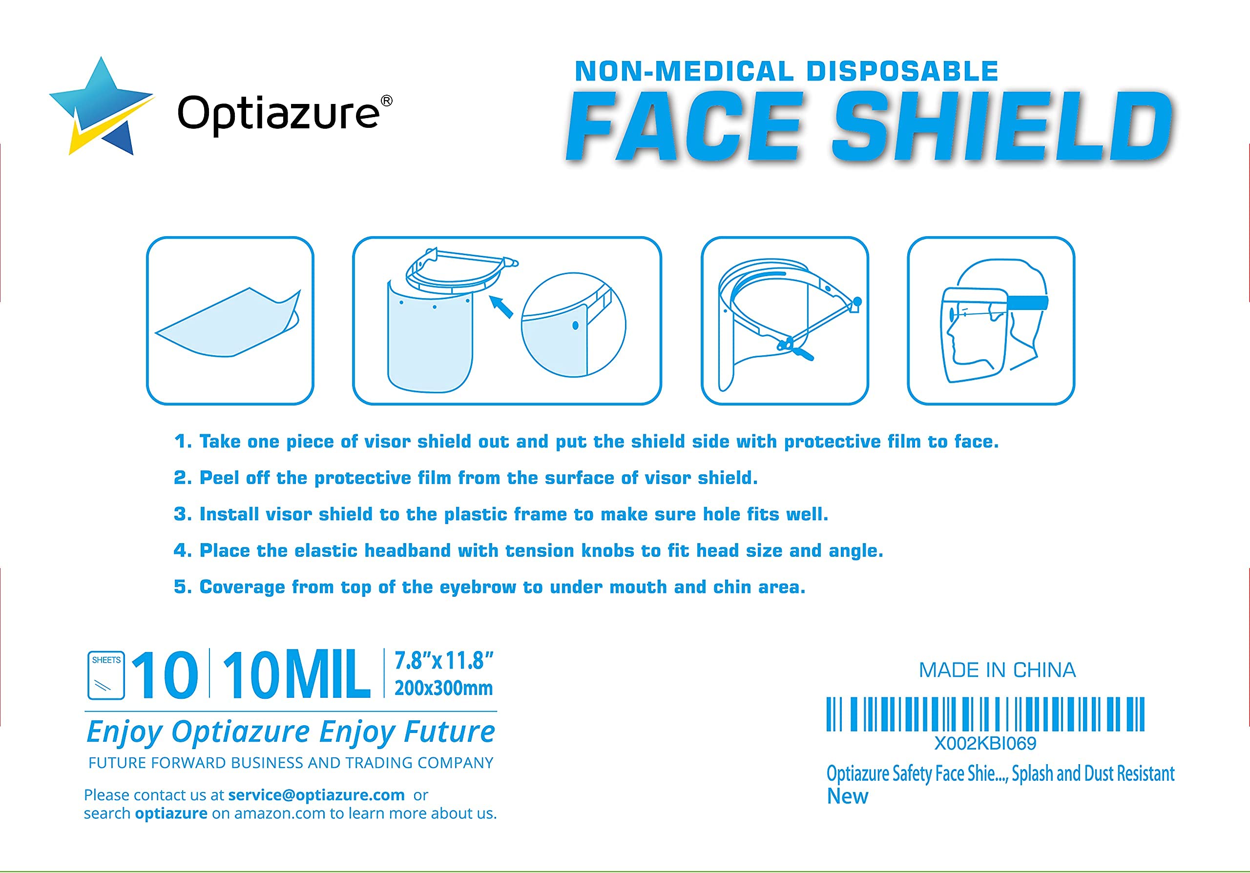 Optiazure Safety Face Shield, 1 Frame with 10 Removable Transparent Shield, Anti-fog, Splash and Dust Resistant