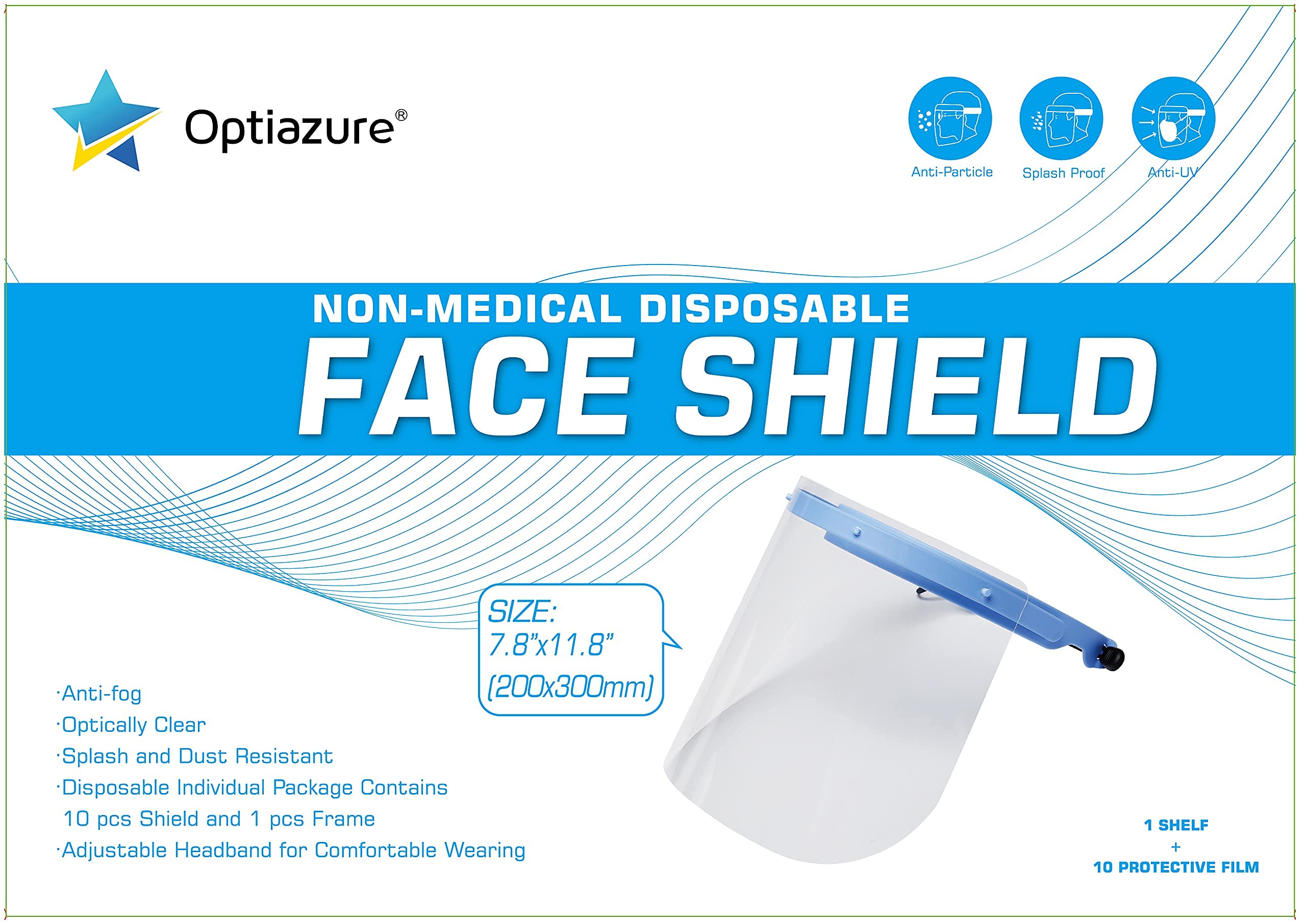 Optiazure Safety Face Shield, 1 Frame with 10 Removable Transparent Shield, Anti-fog, Splash and Dust Resistant