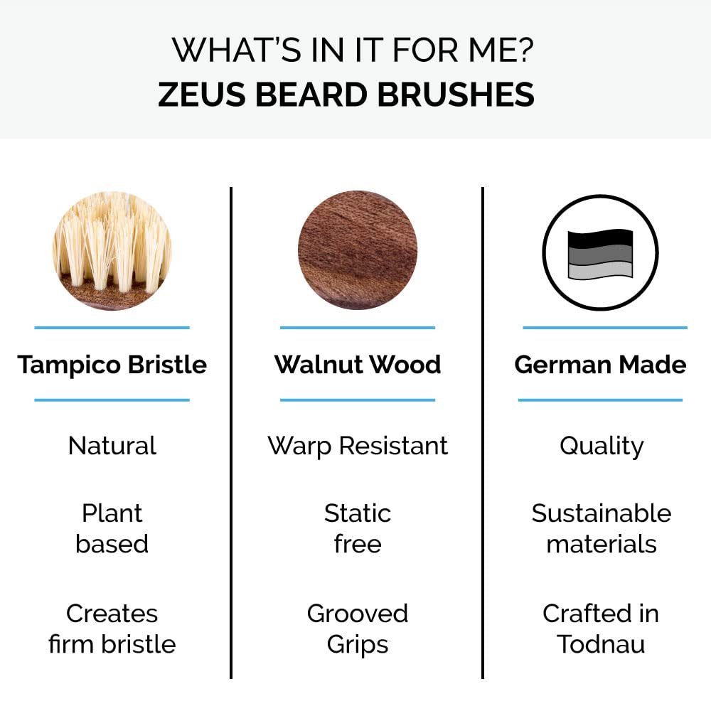 ZEUS Vegan Handle Beard Brush, Natural Plant Fiber Tampico Bristles & Walnut Handle – MADE IN GERMANY (FIRM) J73