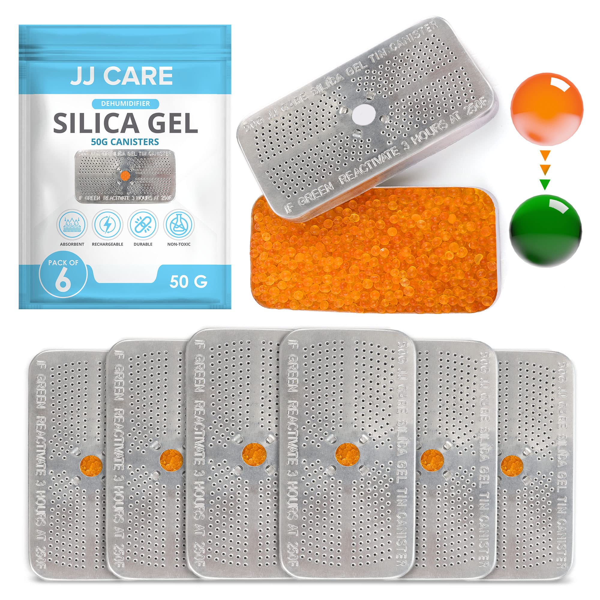 JJ CARE Silica Gel Canister, 50g [Pack of 6] - (Orange to Green) Indicating Rechargeable Dehumidifier Desiccant Beads, Safe Moisture Absorber, Ammo Can Dehumidifier for Gun Safe, Vault, Bedroom, Car