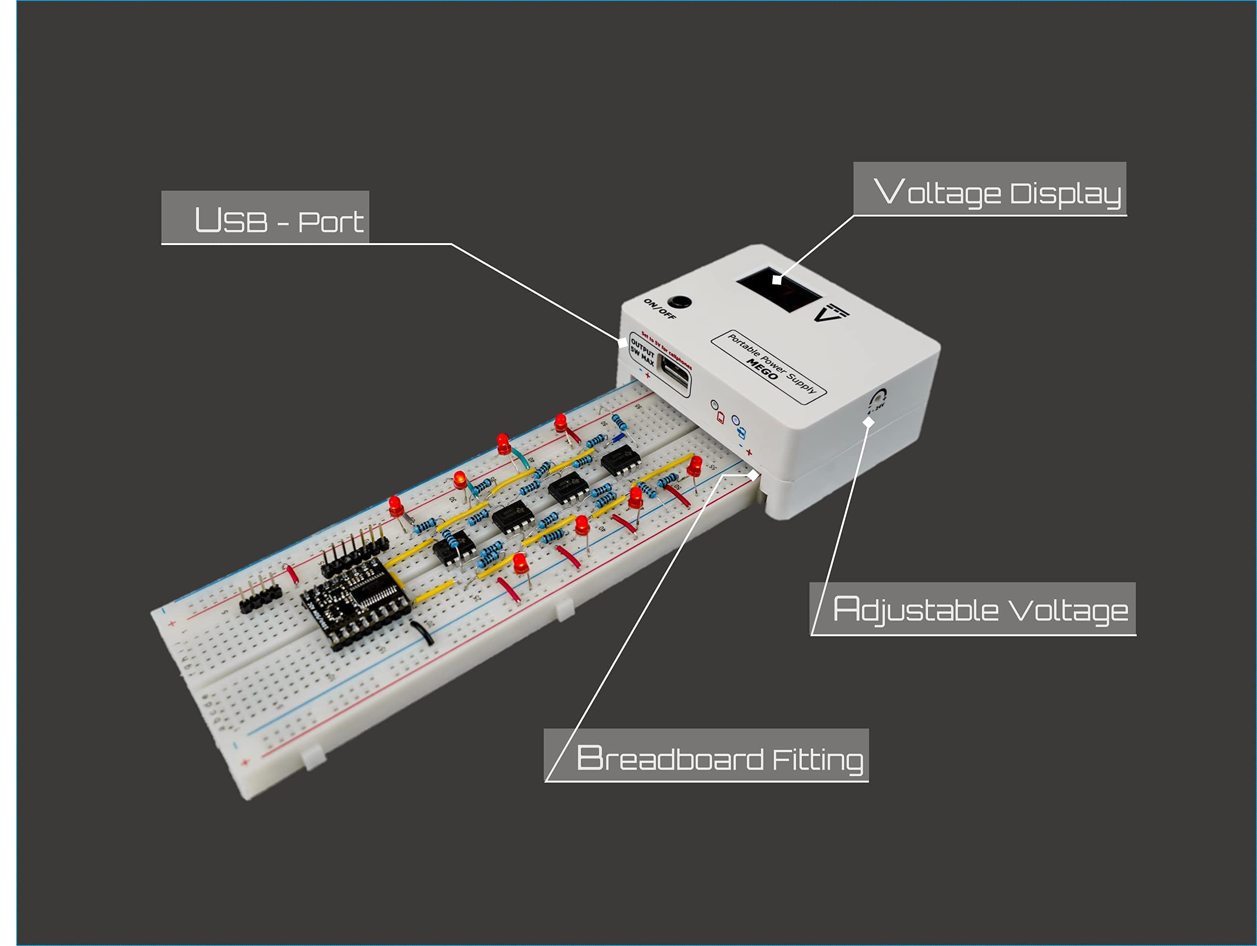 Rechargeable Breadboard Power Supply – 4 to 24V DC Output Power Supply with 2000mAh Rechargeable Battery with USB Charging – Ideal for Labs and Projects in Classroom, Outdoor and Home Schools