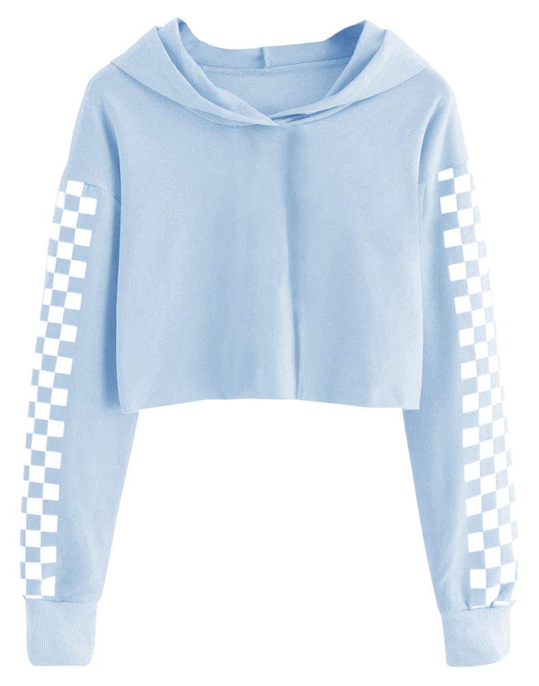 Imily Bela Kids Crop Tops Girls Hoodies Cute Plaid Long Sleeve Fashion Sweatshirts (13-14 Years, light blue)