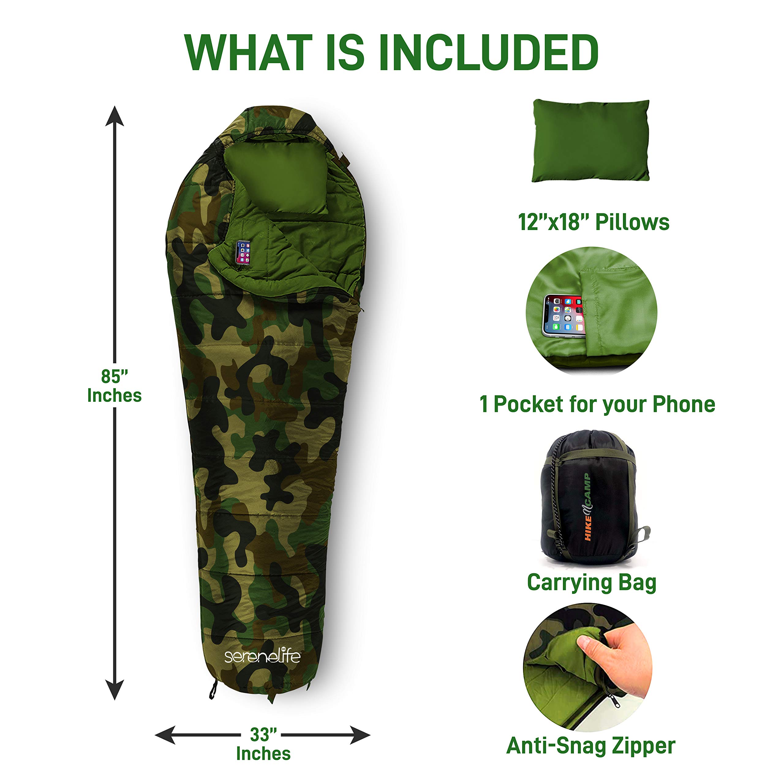 SereneLife Backpacking Sleeping Bag Camping Gear - Mummy Sleeping Bag for Adults/Teens w/Pillow, Bag - Outdoor Lightweight Weather Proof Sleeping Bag - Camping, Hiking Traveling - SLSCA5 (Camouflage)