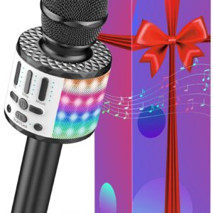 Karaoke Microphone for Kids Adults, Wireless 4 in 1 Handheld Bluetooth Microphone with LED Lights, Portable Smartphone Speaker Boys Girls Singing Toys for Home KTV Outdoor Christmas Birthday Party