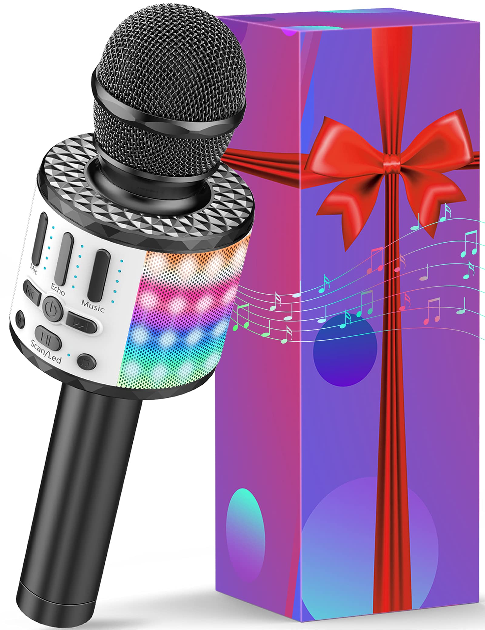 Karaoke Microphone for Kids Adults, Wireless 4 in 1 Handheld Bluetooth Microphone with LED Lights, Portable Smartphone Speaker Boys Girls Singing Toys for Home KTV Outdoor Christmas Birthday Party