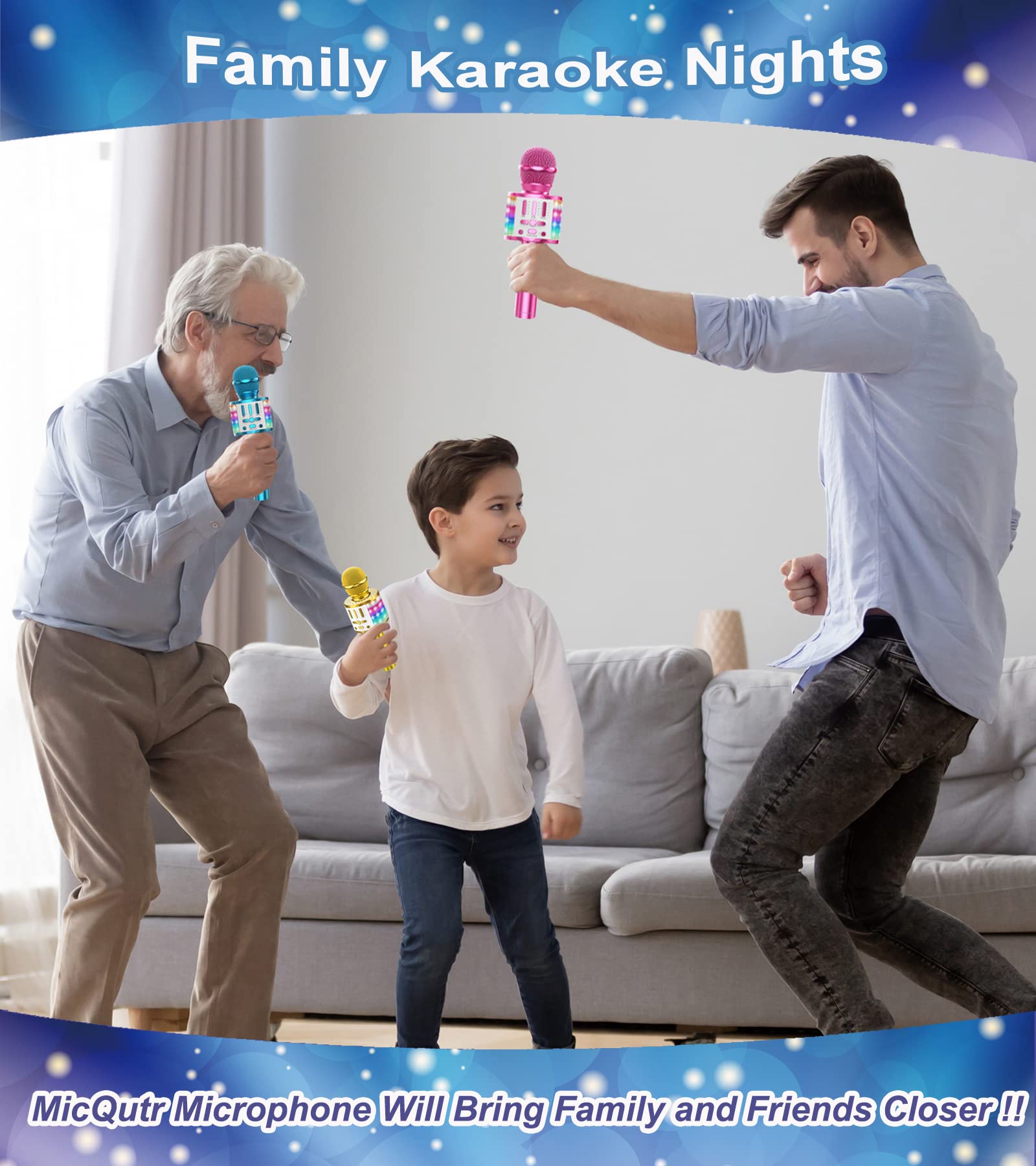 Karaoke Microphone for Kids Adults, Wireless 4 in 1 Handheld Bluetooth Microphone with LED Lights, Portable Smartphone Speaker Boys Girls Singing Toys for Home KTV Outdoor Christmas Birthday Party